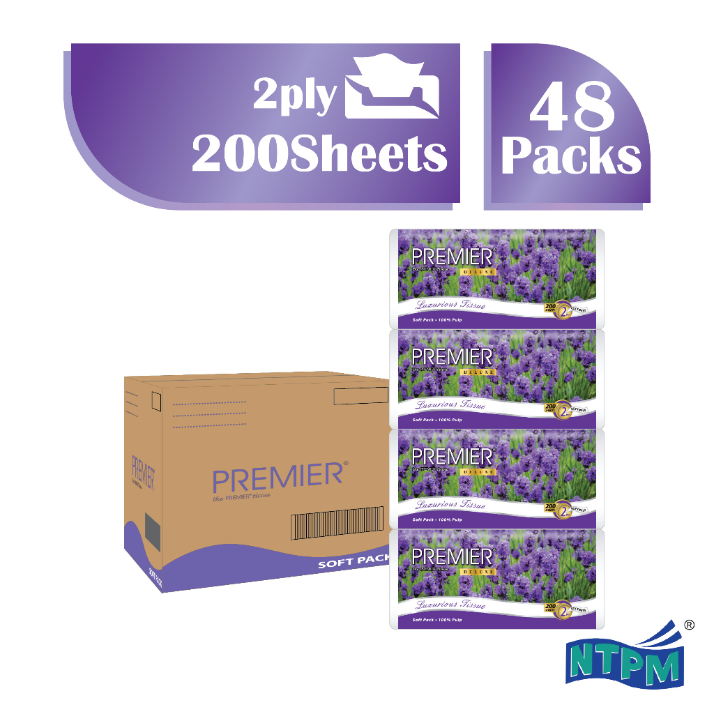 [48 Packs] Premier Deluxe Soft Pack Facial Tissue 2 Ply - Carton of 12 ...
