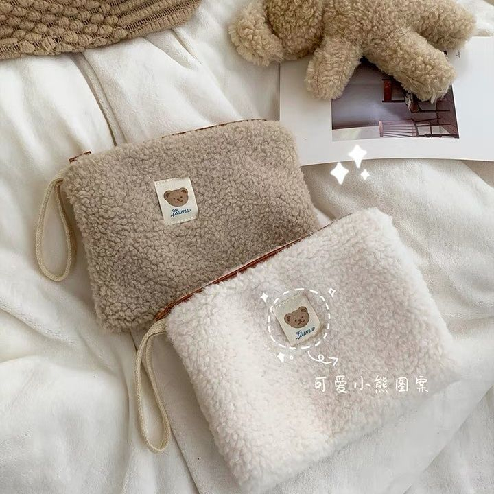 Cute Soft Fluffy Bear Neutral Cosmetic Travel Pouch Bag Spacious Makeup ...