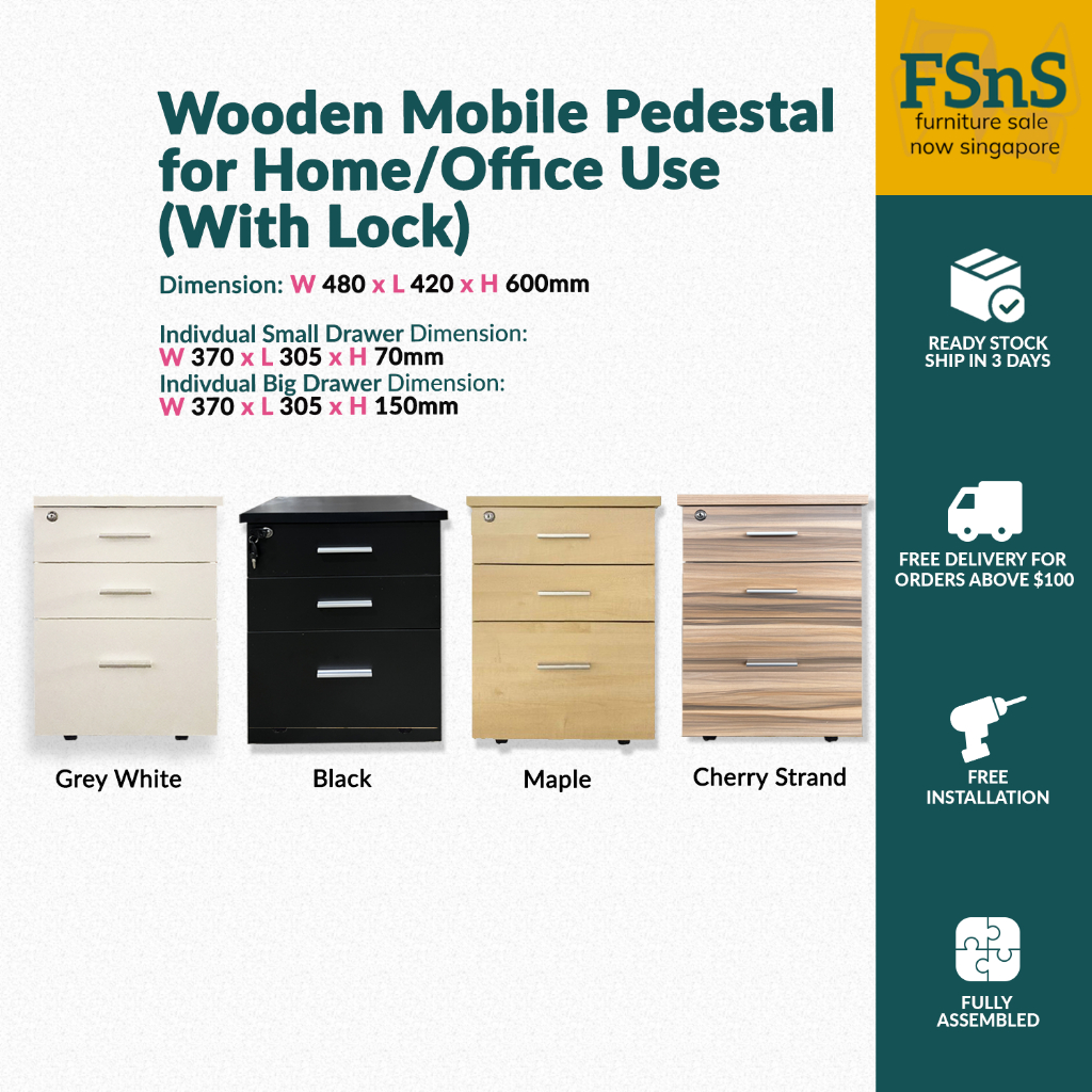SG Ready Stock Wooden Mobile Pedestal for Home / Office Use (With Lock ...