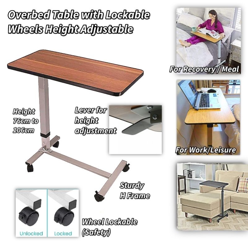 Overbed Table Height Adjustable Lockable Wheel Hospital Bed Table Adjustable Overbed Bedside ...