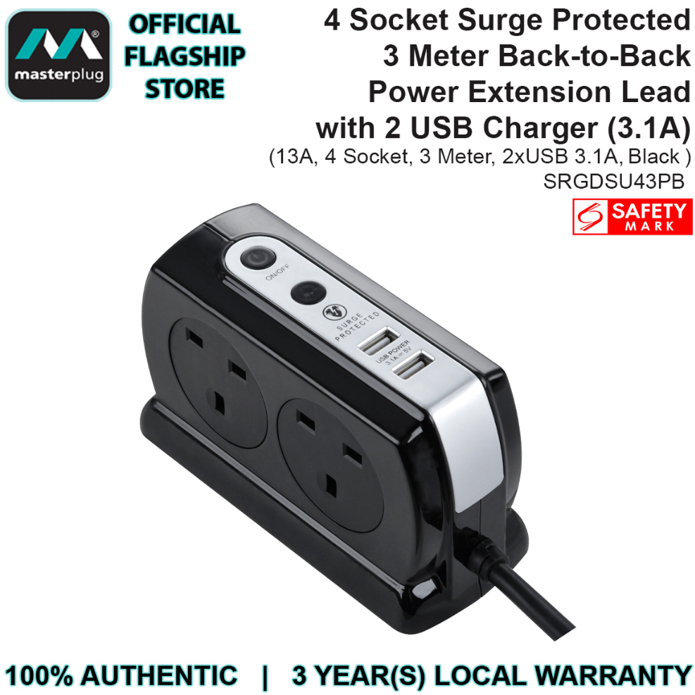 Masterplug SRGDSU43 High Gloss USB Back-To-Back Extension Lead, Surged ...