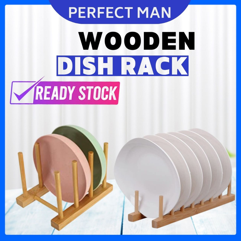 PM - Kitchen Wooden Dish Rack Plate Rack Bowl Rack Dinnerware Storage ...