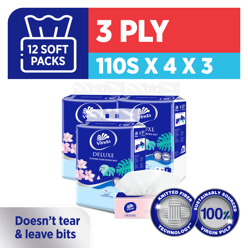 [Bundle of 3] Vinda Deluxe Soft Pack Facial Tissue 110s x 4 Packs ...