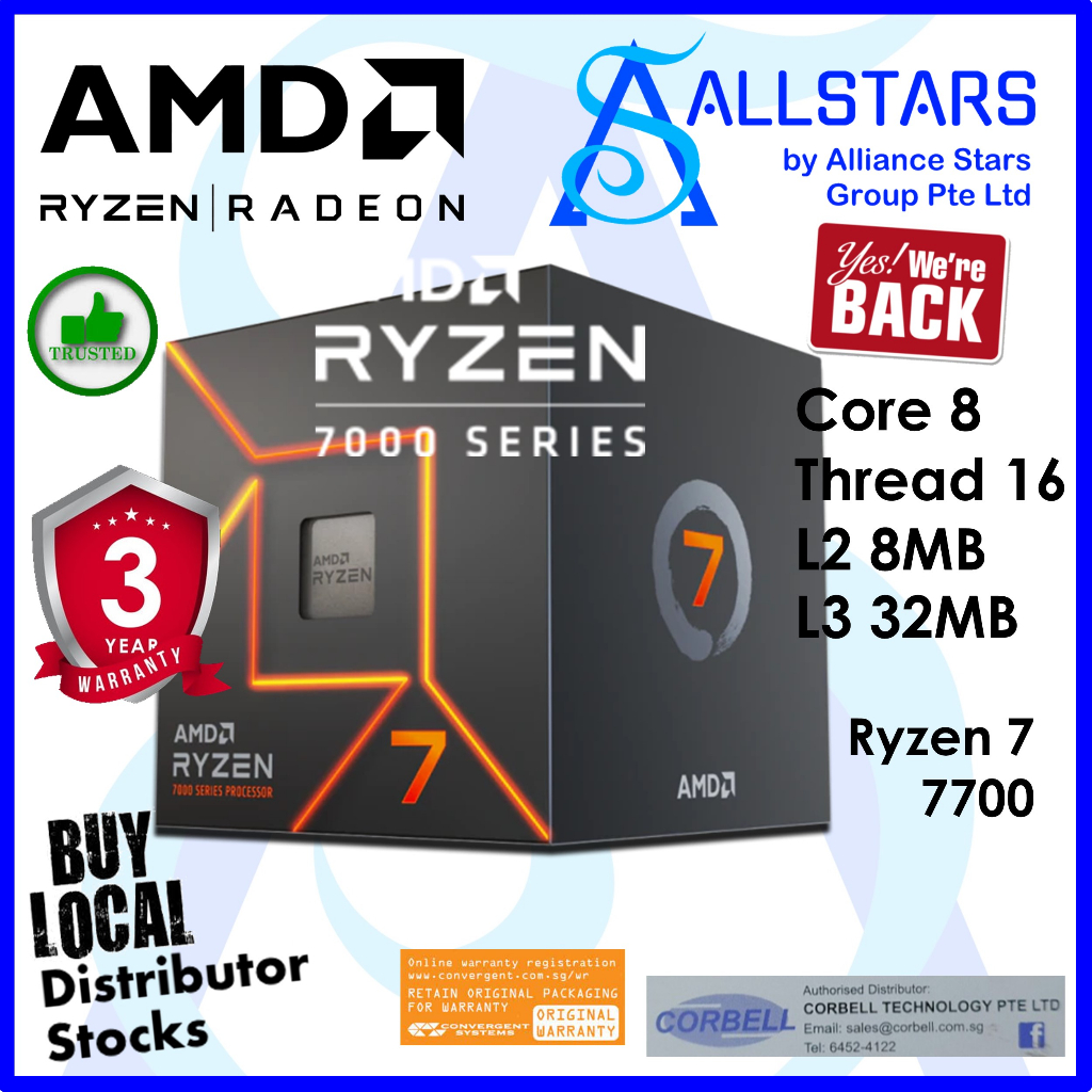 AMD Ryzen 7 7700 with Radeon Graphics (Core 8 / Thread 16 / Base Clock 3.8GHz, Max Boost 5.3GHz ...