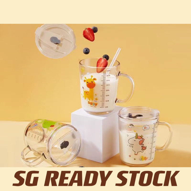 [SG Stock]Kids Glass cup Measuring Scale Cup for kids with Lid&Straw ...