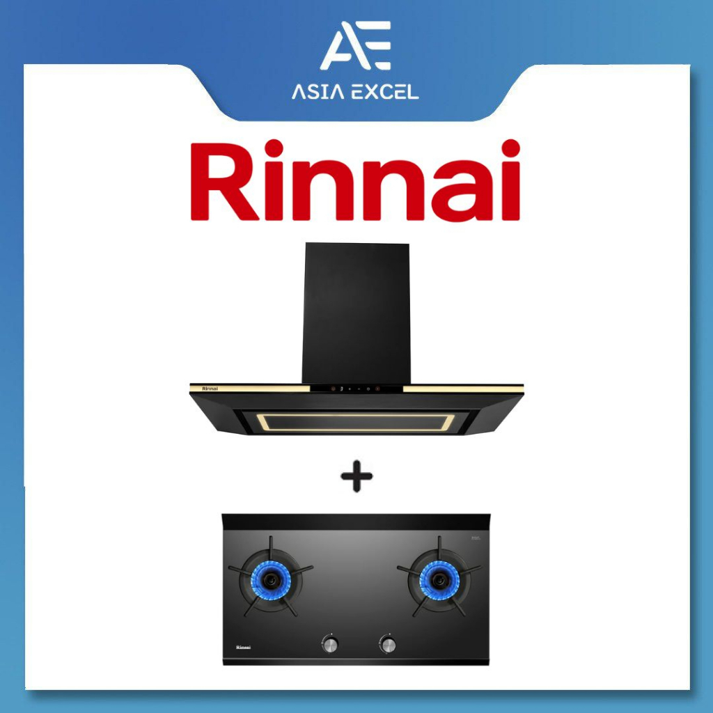 RINNAI RH-C1059-PBR 90CM CHIMNEY HOOD + RINNAI RB-2CGN (RB2CGN) 2 BURNER INNER FLAME GLASS GAS ...