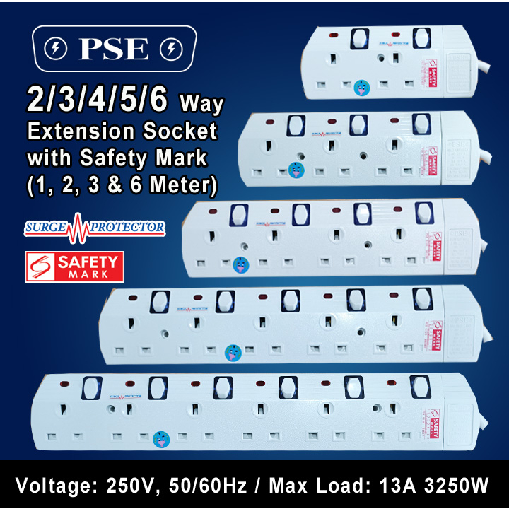 PSE 2/3/4/5/6 Way Extension Safety Socket with Surge Protection ...