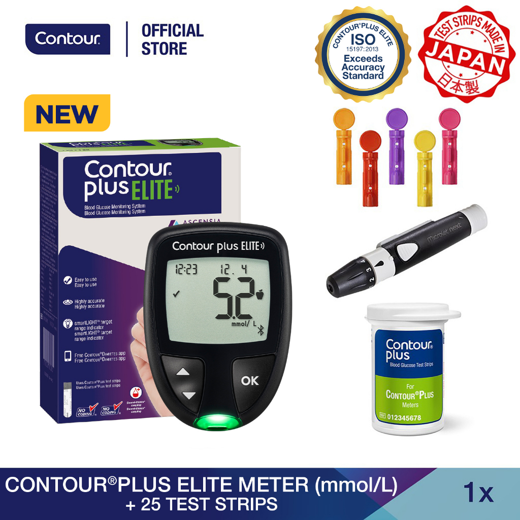 Contour Plus Elite Blood Glucose Meter (mmol/L) + 25 Test Strips ...