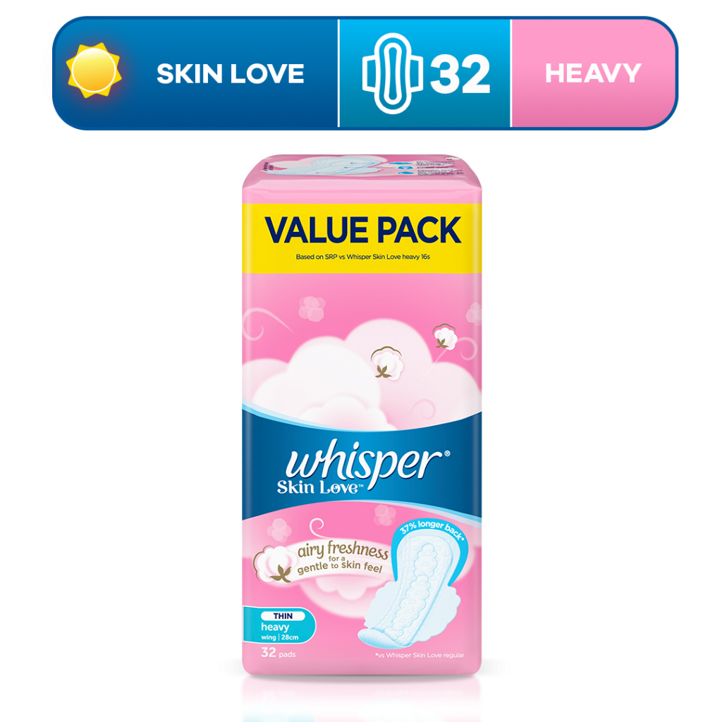 Whisper Skin Love Thin Normal to Heavy Flow Wing Sanitary Pads 28cm 32 ...