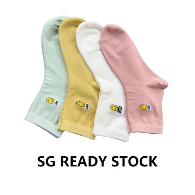 [SG Stock] Smiley Face Calf High Lady Sock Set of 4 笑脸女士小腿高袜子一组4双 ...