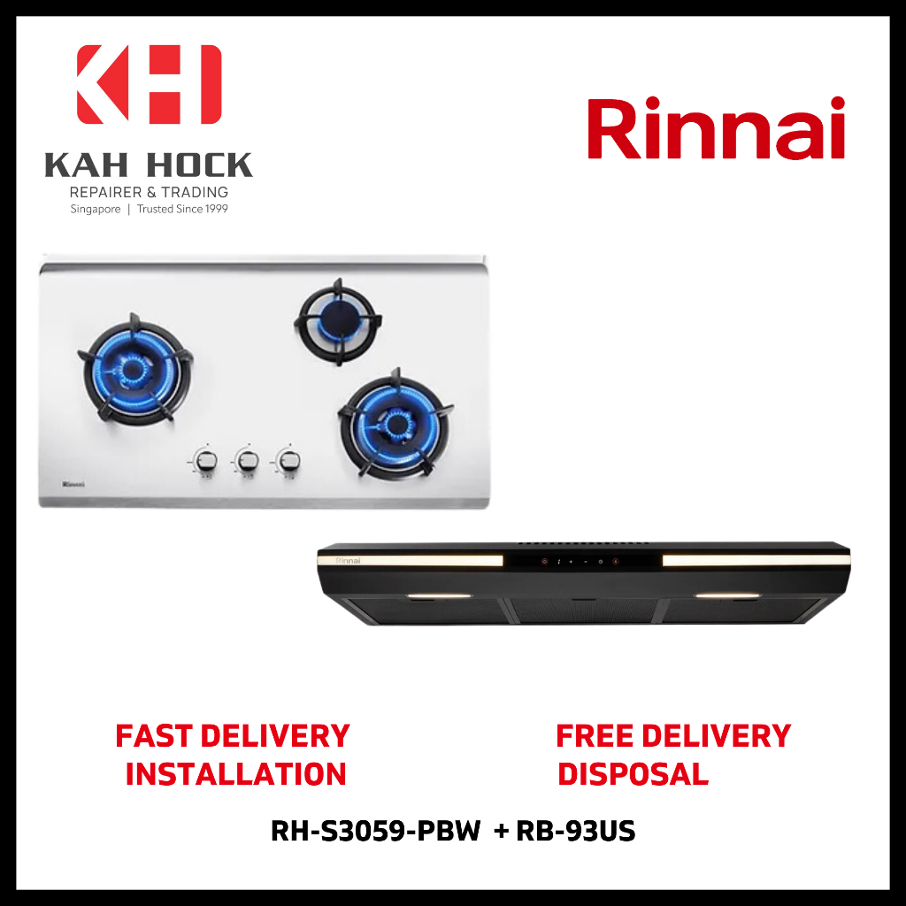 RINNAI RH-S3059-PBW SLIMLINE HOOD + RB-93US 3 BURNER STAINLESS STEEL BUILT-IN HOB BUNDLE ...
