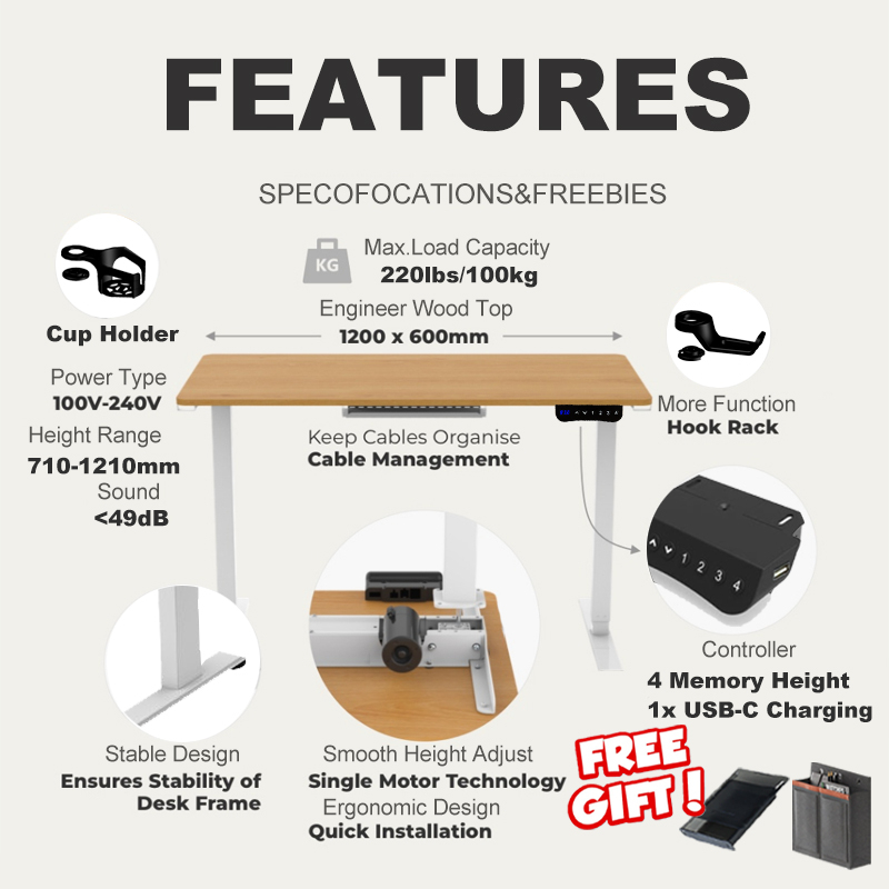 100cm Electric Adjustable USB With 4 Memory Height Standing Desk Study ...