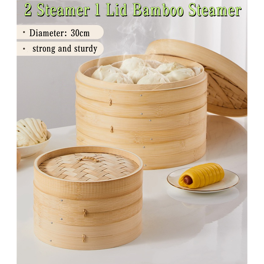 30CM 2 Steamer 1 Lid Bamboo Steamer Dimsum Dumpling Steam Pot Durable ...