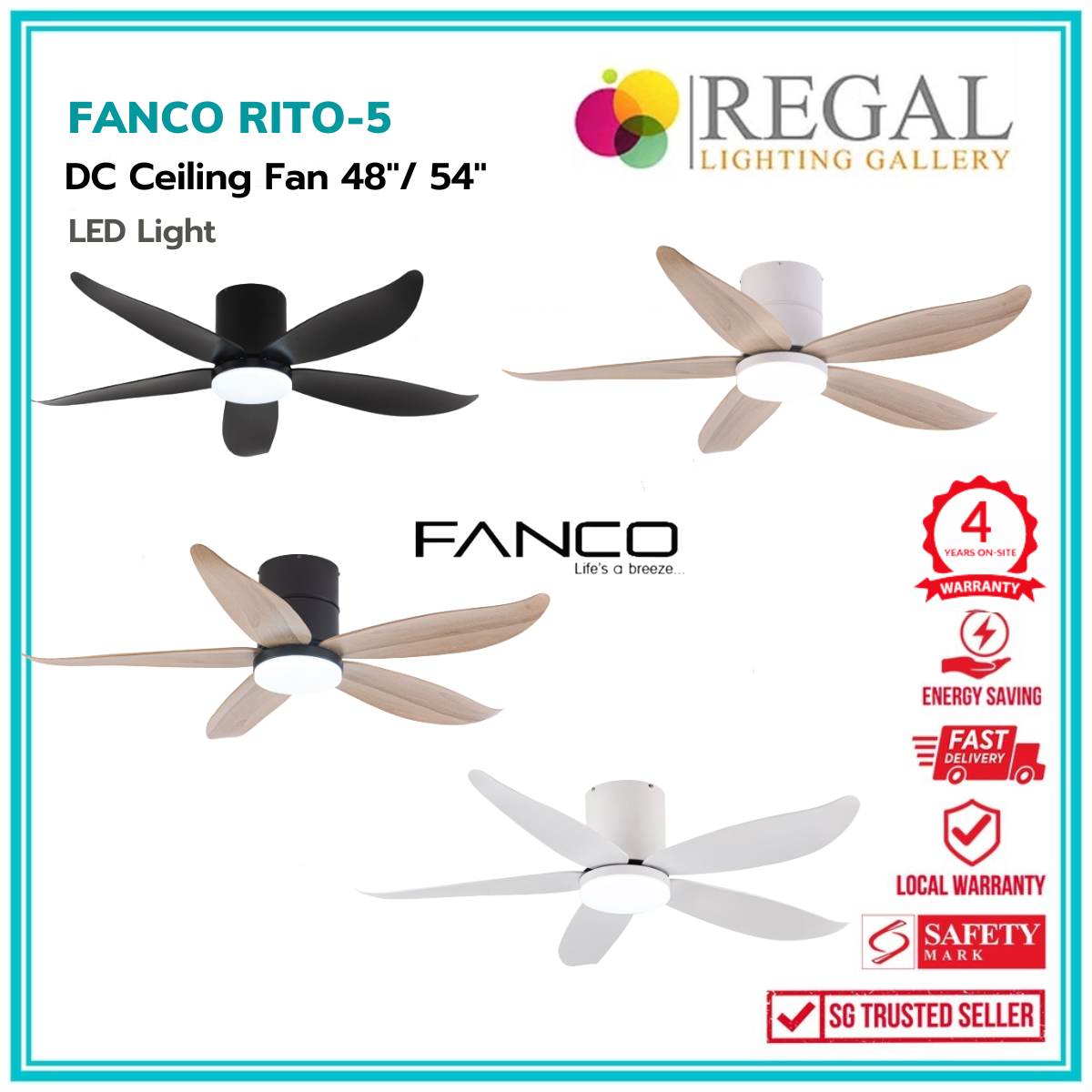 Fanco Rito-5 48"/ 54" DC Motor Ceiling Fan LED (Optional Smart App/With ...