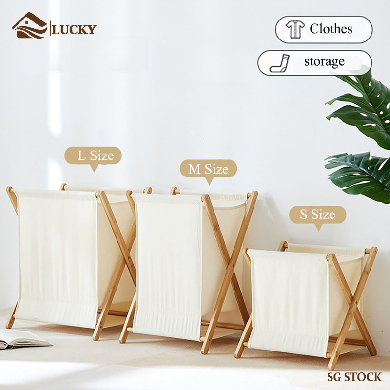 SG STOCK Bamboo Wood X-Frame Laundry Hamper Collapsible Dirty Clothes ...