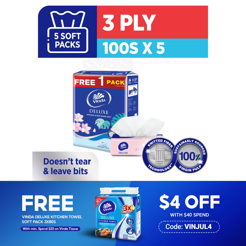 (Promo Pack) Vinda Deluxe 3 Ply Soft Pack Large,100 Sheets, 4 Packs ...