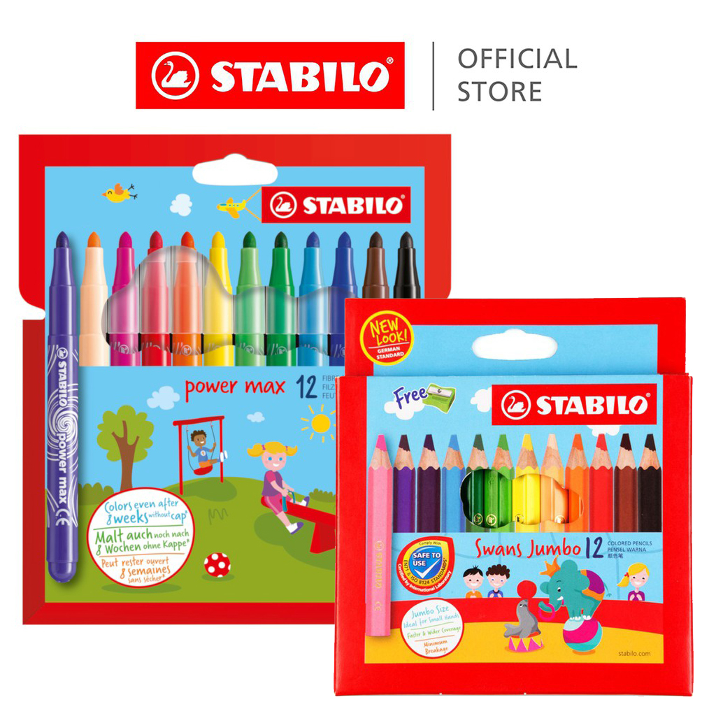 STABILO Stationery Multi coloured Power Max 12 and Swans Jumbo 12 - Art ...
