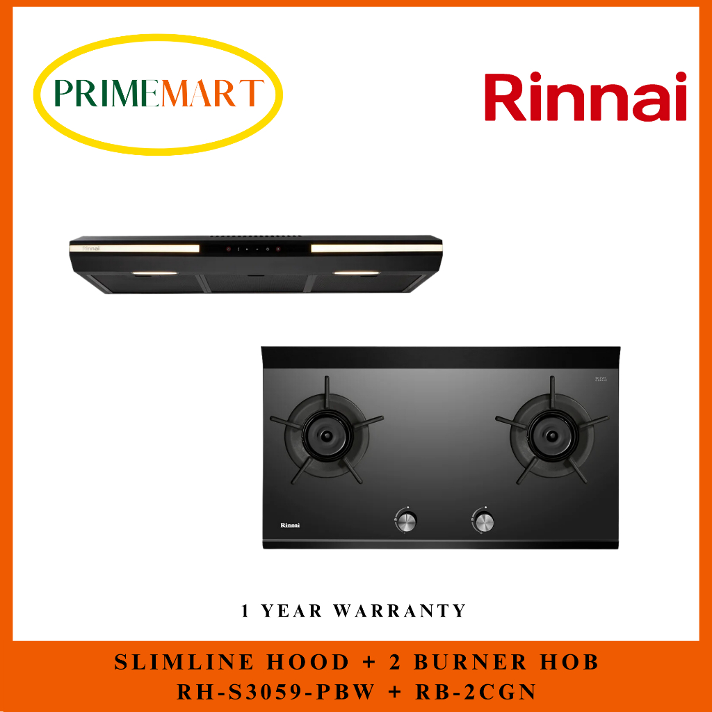RINNAI RH-S3059-PBW SLIMLINE HOOD + RB-2CGN 2 BURNER BUILT IN HOB *BUNDLE *2 YEAR WARRANTY ...