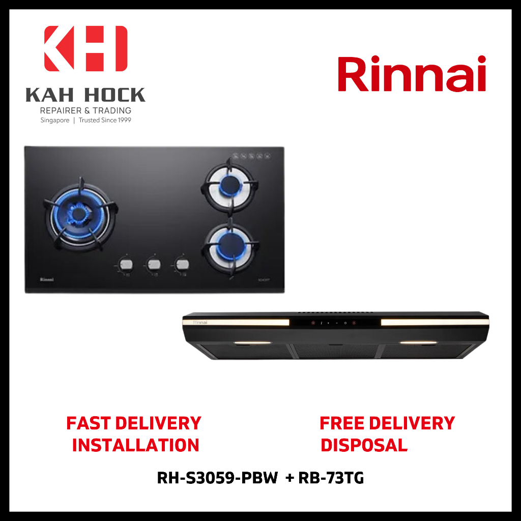 RINNAI RH-S3059-PBW SLIMLINE HOOD + RB-73TG 3 BURNER BUILT-IN HOB BUNDLE *INSTALLATION AVAILABLE ...