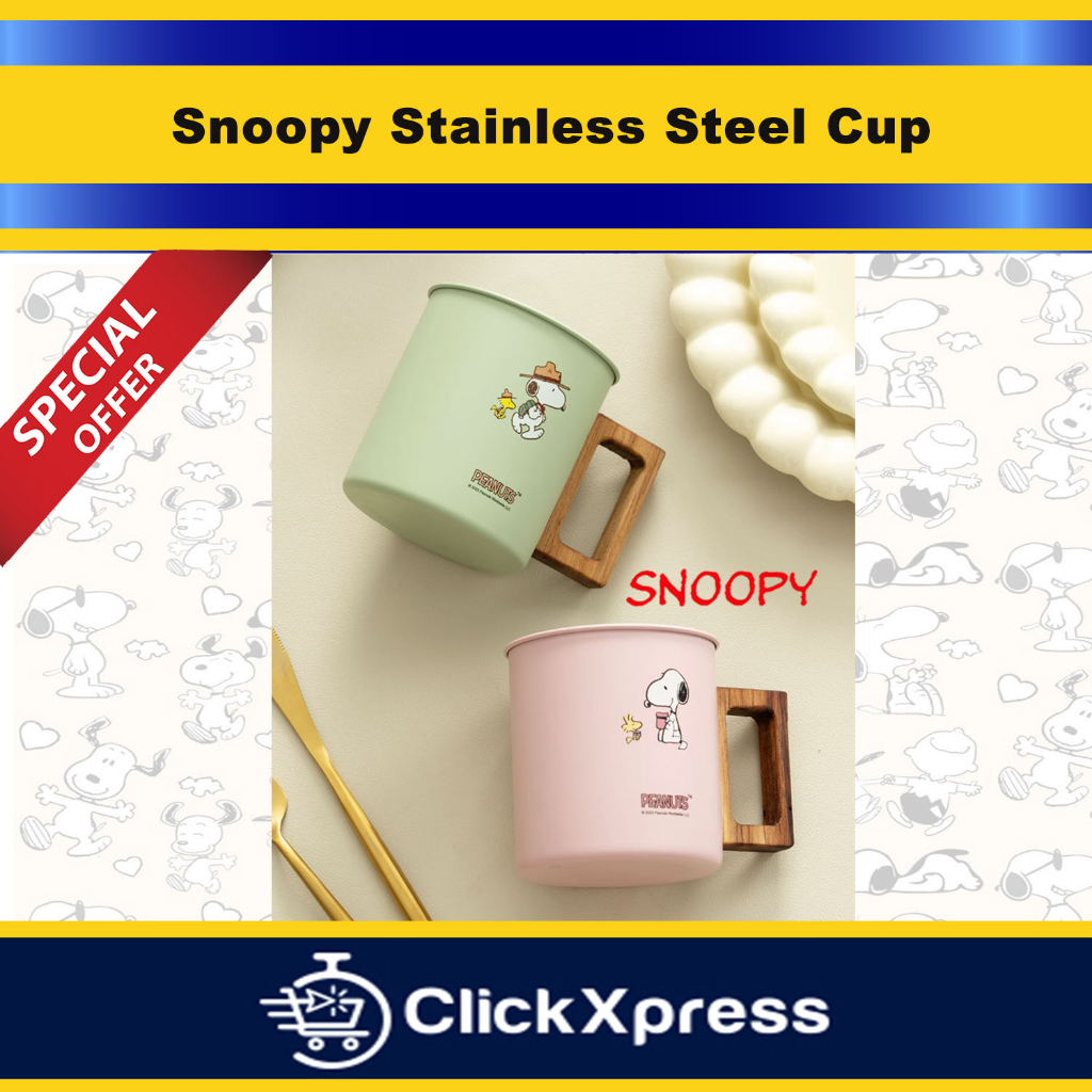 Snoopy JPN Stainless Steel Wooden Handle Cup Mug-304 Stainless Steel /100g / 360ml/School/Office ...