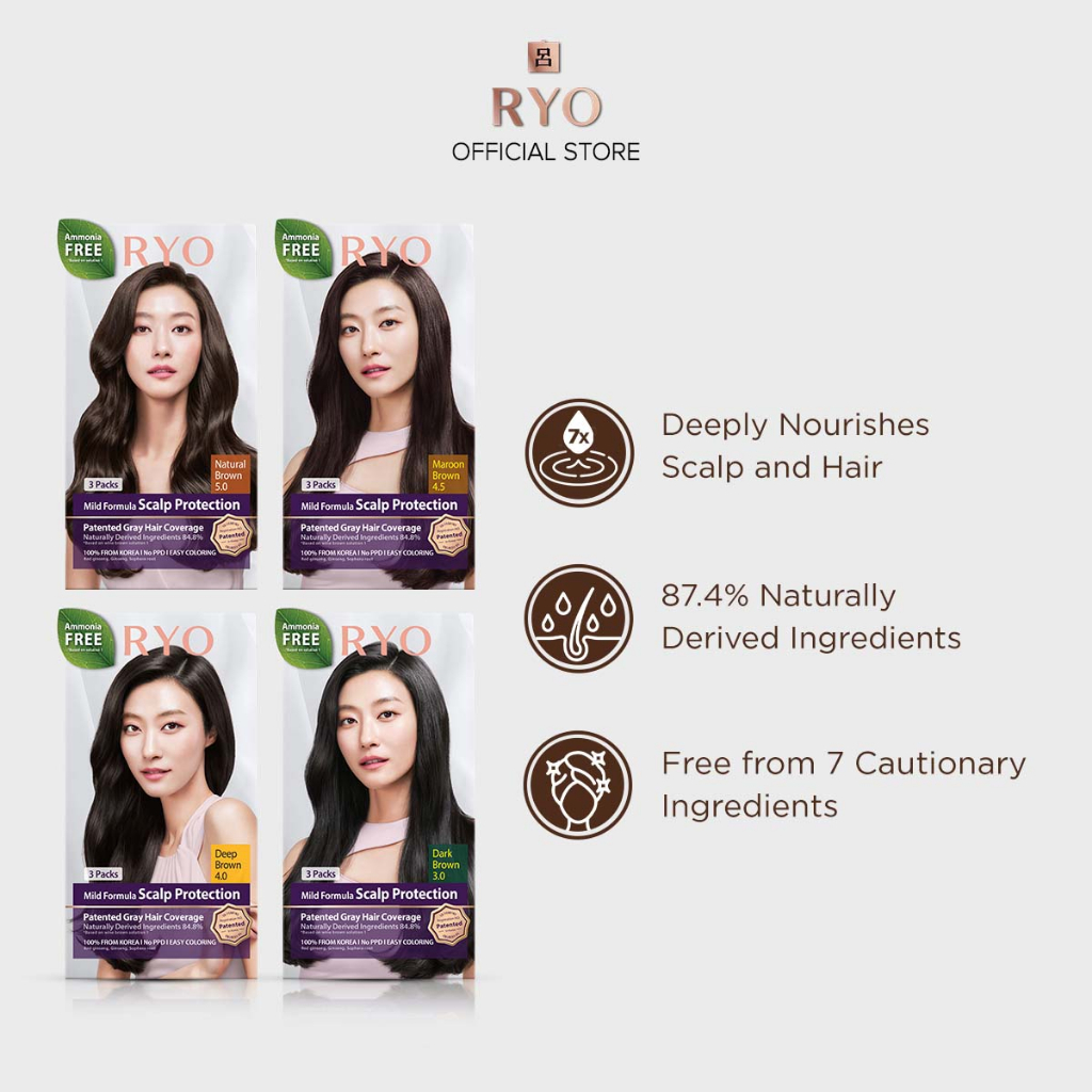 Ryo Mild Formula Hair Dye Cream (40g x 3 packets) - Nourishing, Long ...