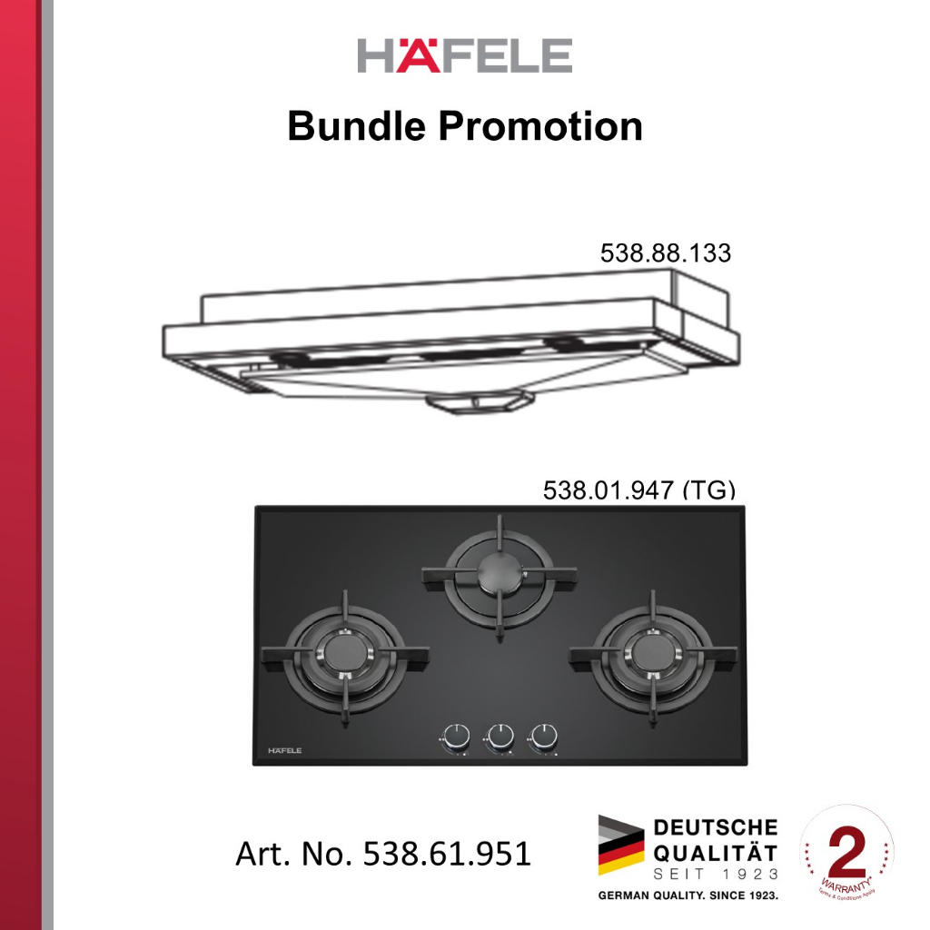 Hafele 90cm Semi Integrated Hood + 86cm 3 Burner Gas Hob (PUB) (538.61. ...