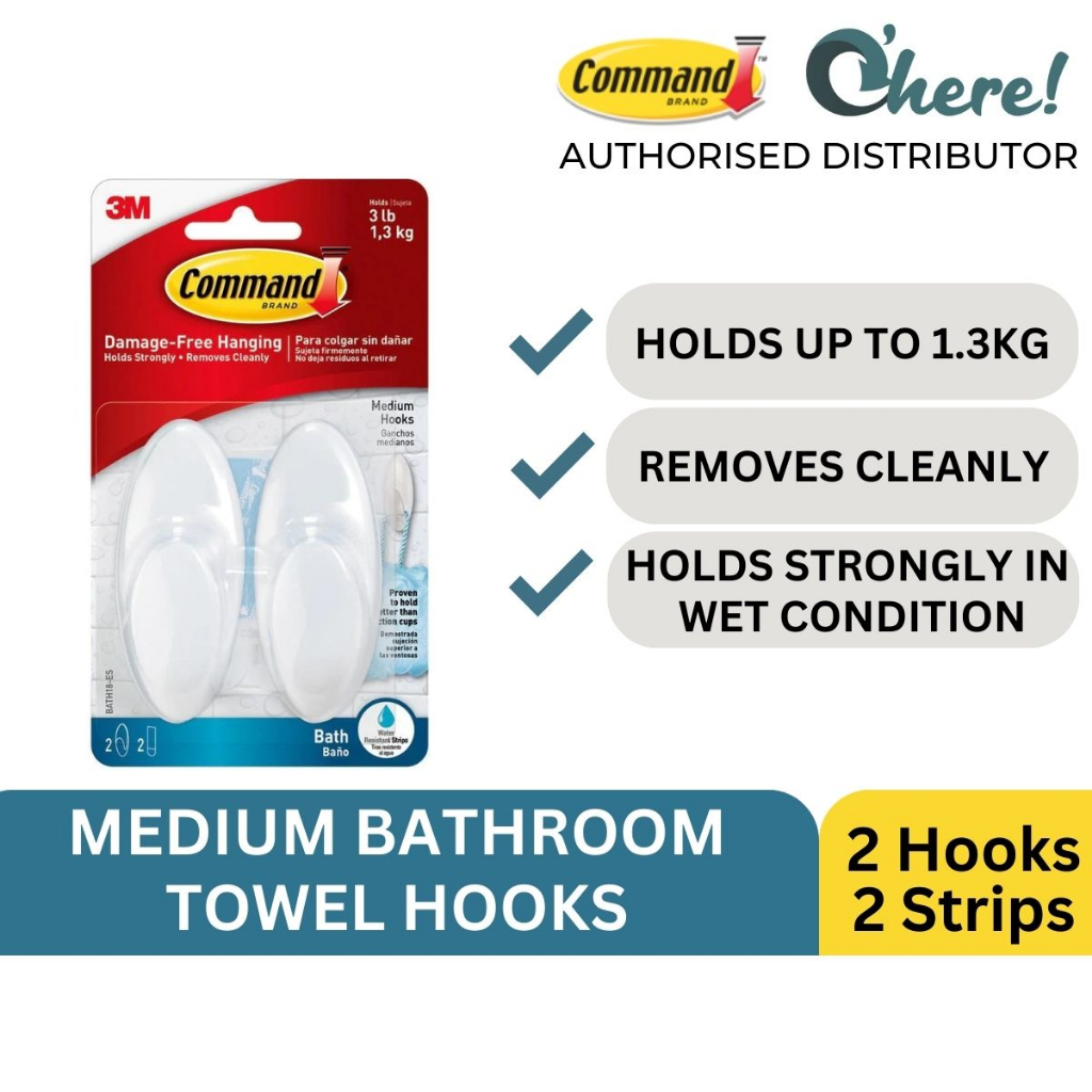 3M Command Medium Bath Hooks 2 Hooks / 2 Medium Adhesive Strips / 1Kg ...