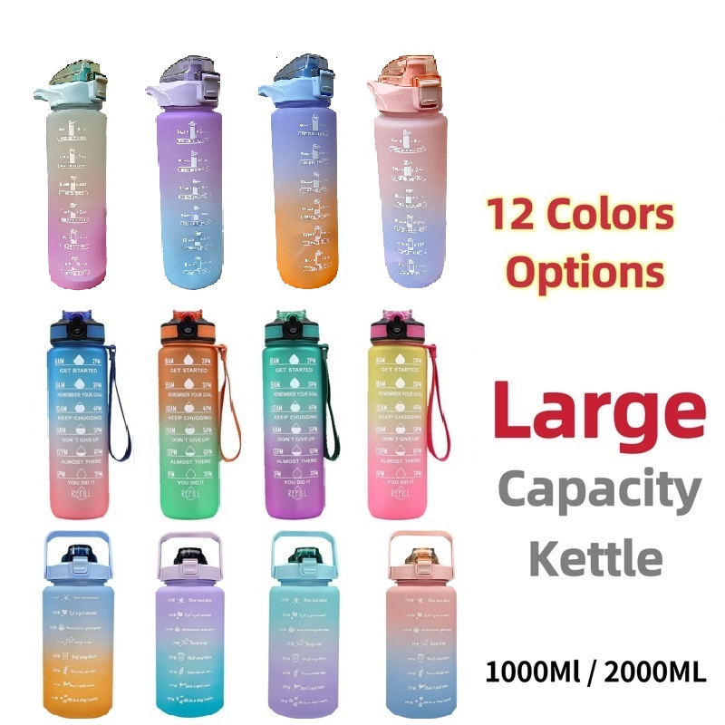 （SG SELLER) Gemful 1L 2LSport Water Bottle with Time Marker Straw Drink Bottles BPA-Free ...