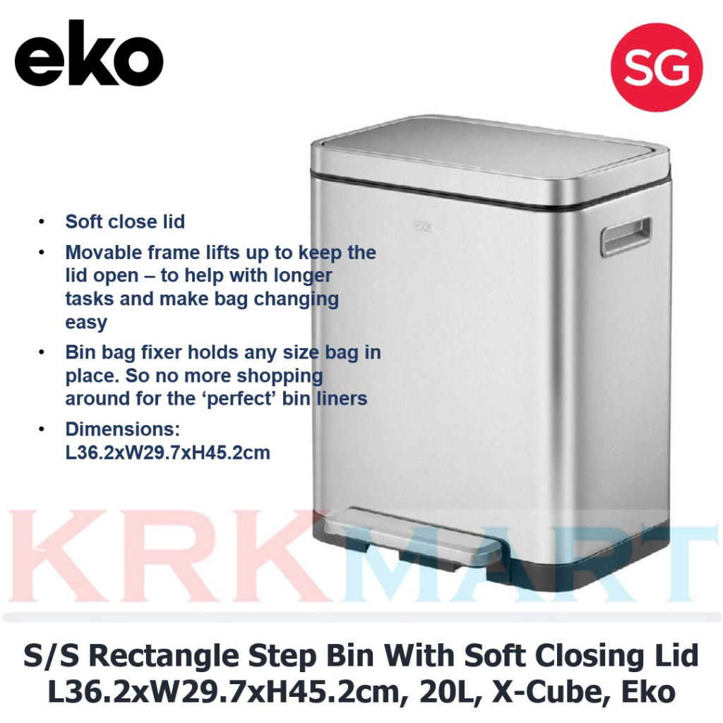 EKO X-CUBE STAINLESS STEEL RECTANGLE STEP BIN WITH SOFT CLOSING LID 20L ...