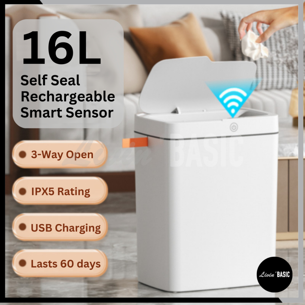 16L Motion Sensor Bin Self Seal Smart Dustbin / Rubbish Bin / Waste Bin ...