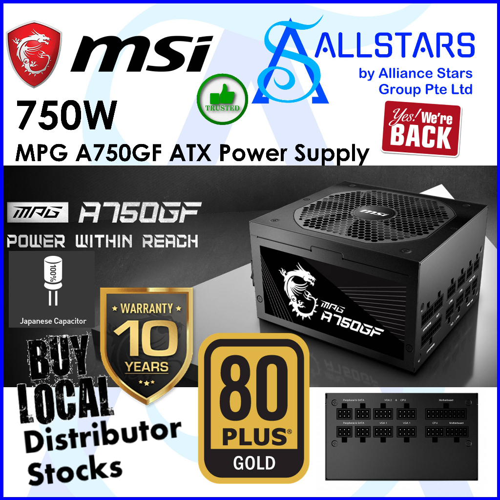 MSI MPG A750GF 750W 80+Gold Full Modular ATX Power Supply Flat Cable 100% Jap Capacitor ...