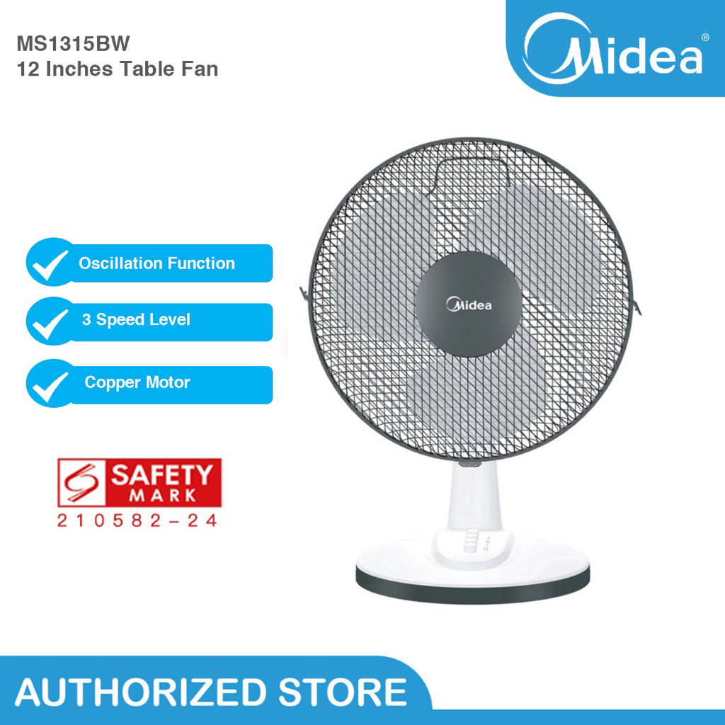 Midea 12 Inches MS1315BW Table Fan, 3 Speeds Level, Oscillation ...
