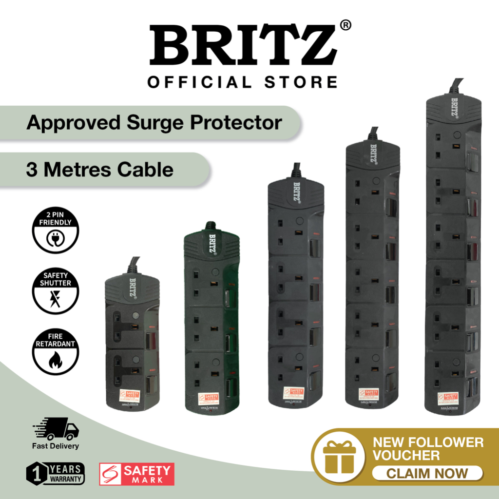 BRITZ 3 Meters Black Extension Socket Cord Plug Bar , Surge Protector LED , 2 / 3 / 4 / 5 / 6 ...