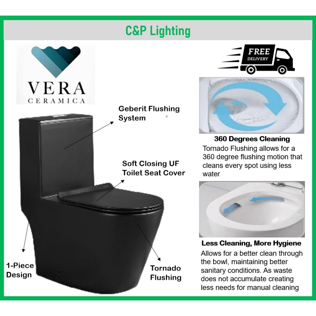 Vera Ceramica 1 Piece Matte Black Toilet Bowl Tornado System WC A.032T ...