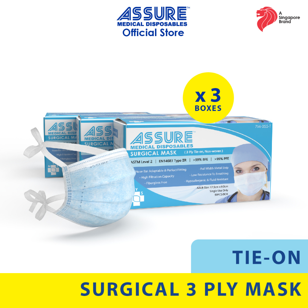 [Bundle of 3] ASSURE Surgical Face Mask 3-Ply Tie On 50'S/Box | Shopee ...