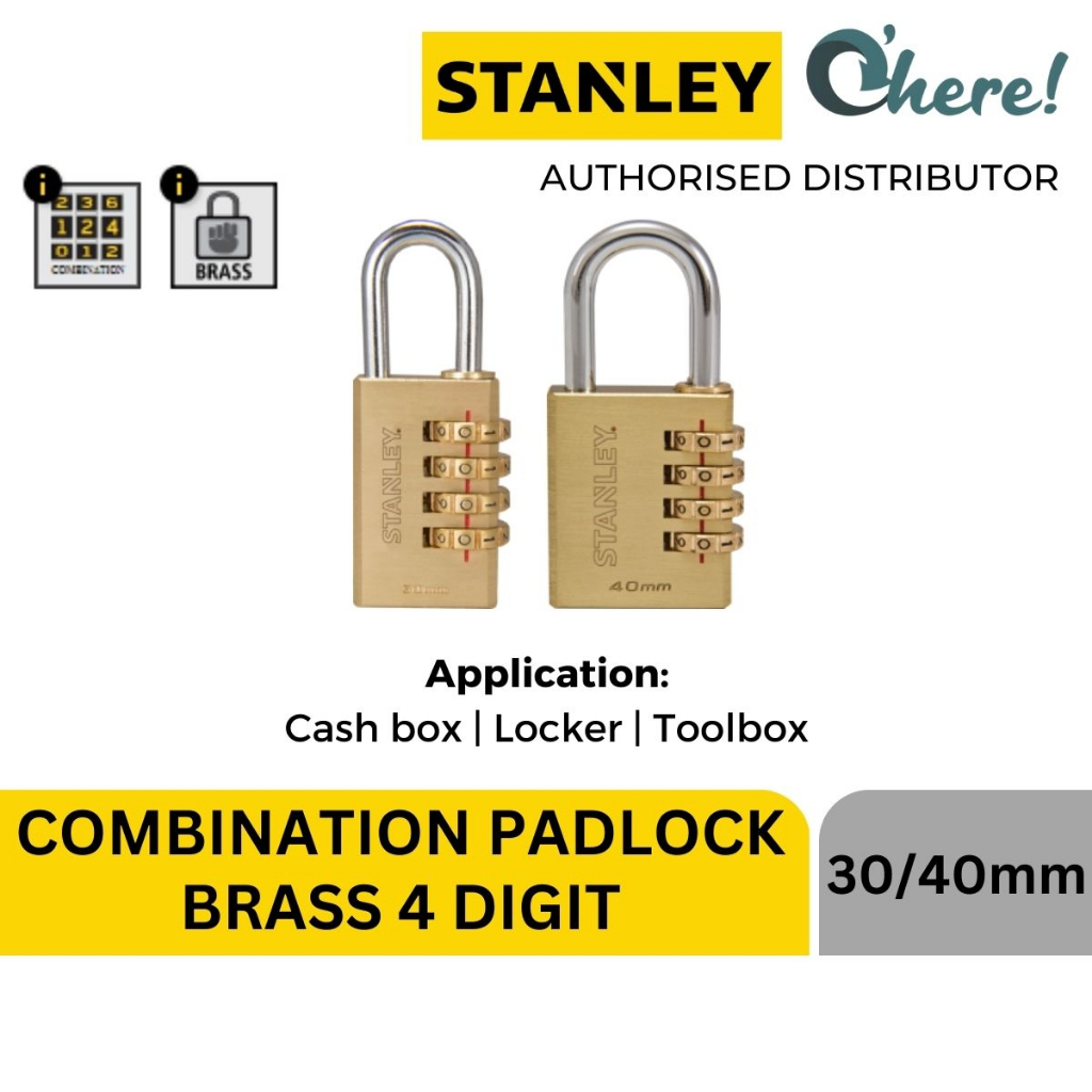 Stanley Solid Brass Combination Padlock 4 Digit 30mm/ 40mm | Shopee ...