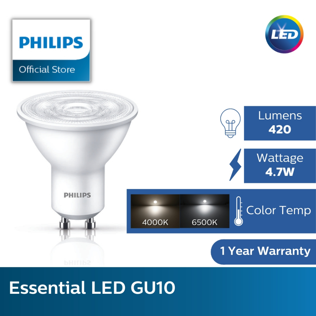 Philips Essential LED GU10 4.7W Spot Bulbs | 2700K Warm White, 4000K ...