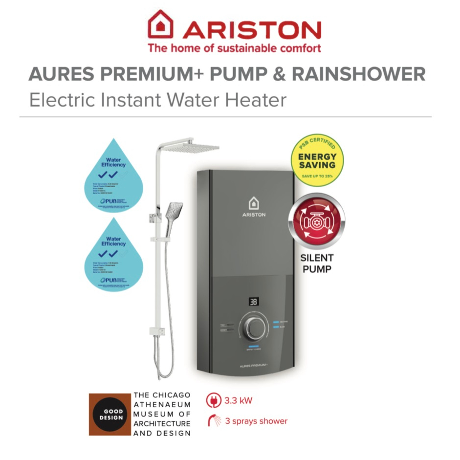 Ariston Aures Premium+ Pump & Rainshower Instant Water Heater (BUILT IN ...