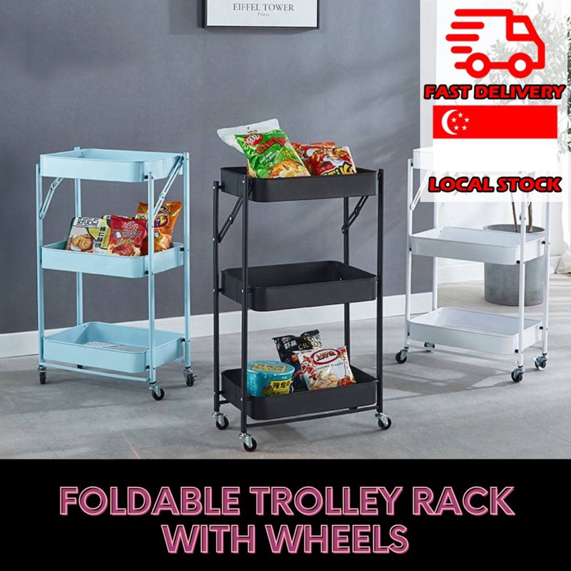 🇸🇬SG Ready Stock🇸🇬 Foldable 3-Tier Portable Movable Kitchen Trolley ...