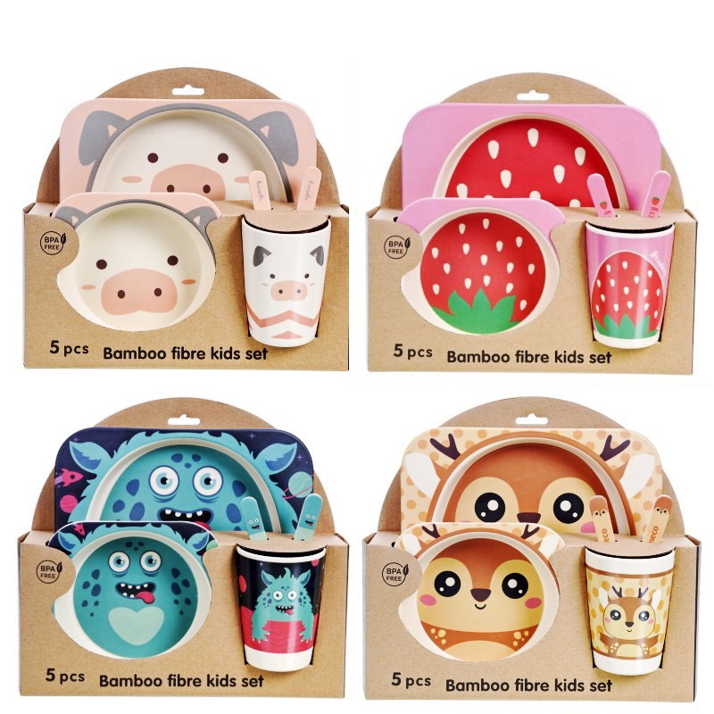 [SG IN STOCK] 5 in 1 Kids Tableware Set Cartoon Bamboo Fiber Dinnerware ...