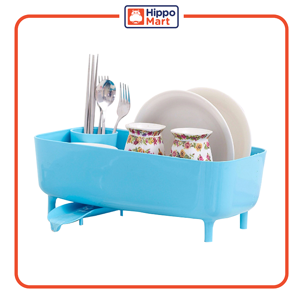 Blue Curvy Plastic Dish Rack, Cutlery Container, Drainage Spout, Sink ...
