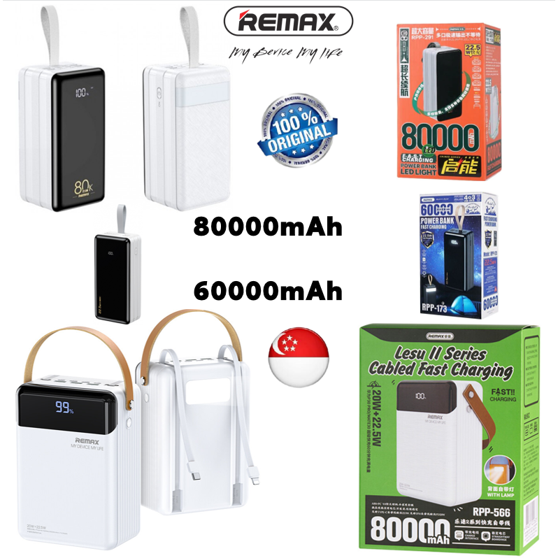 [SG Local Stock] REMAX RPP-566 Powerbank 22.5W 80000mAh PD20W RPP-565 Power Bank 60000mAh Large ...