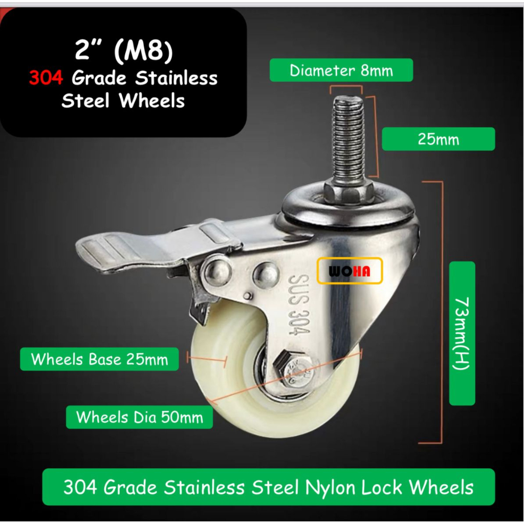 304 Grade Stainless Steel Lock Nylon Wheels (2" Nylon Wheels X M8 Screw ...