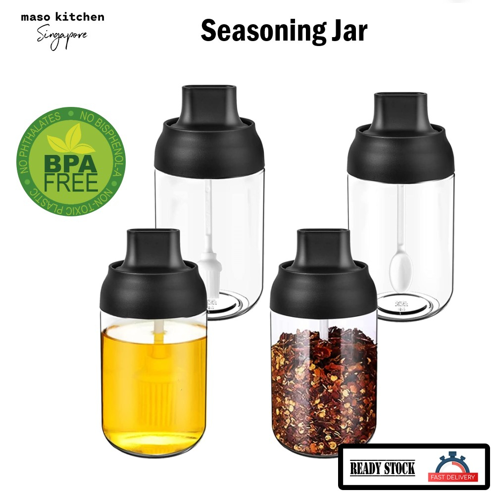 Condiment Glass Container Jar - 250ml Glass Jar Bottle with Spoon Lid ...