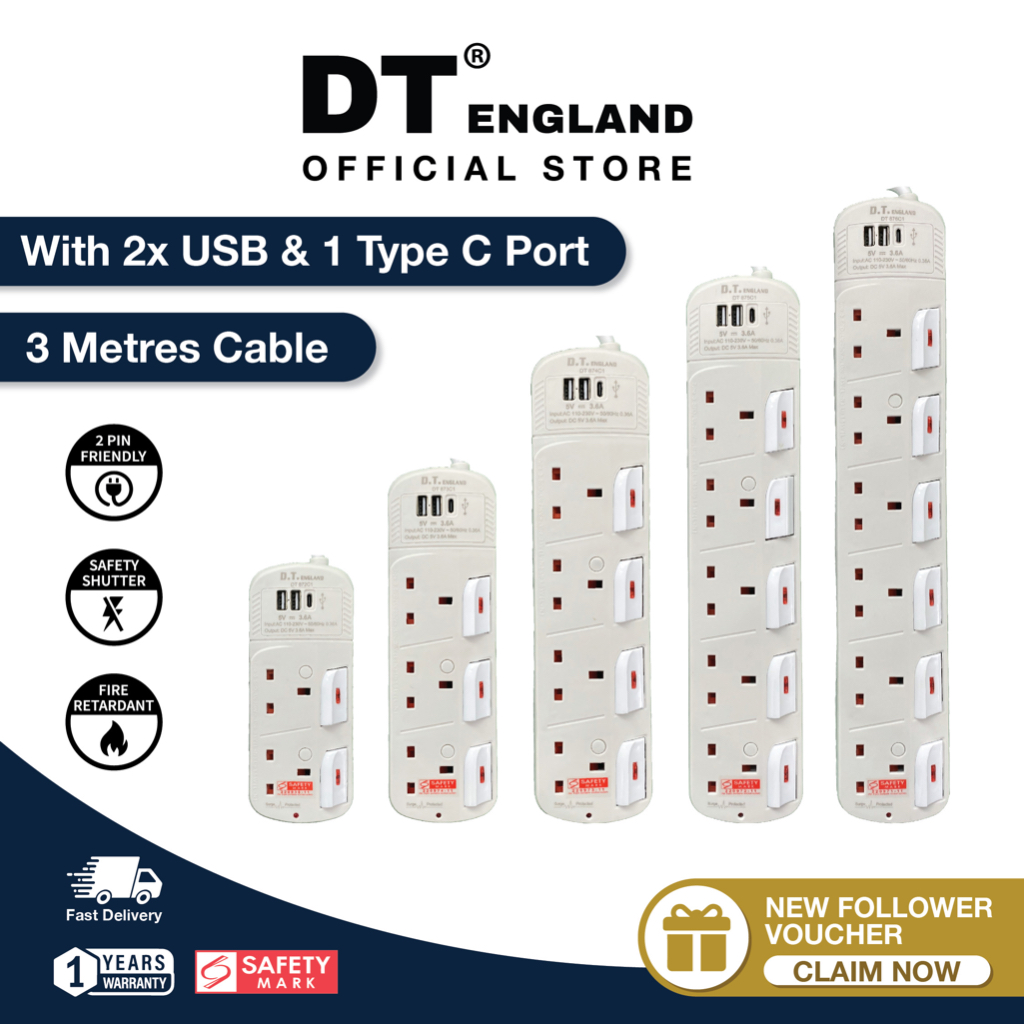 DT England 3 USB Extension Socket W/TYPE-C Charger & LED Surge ...