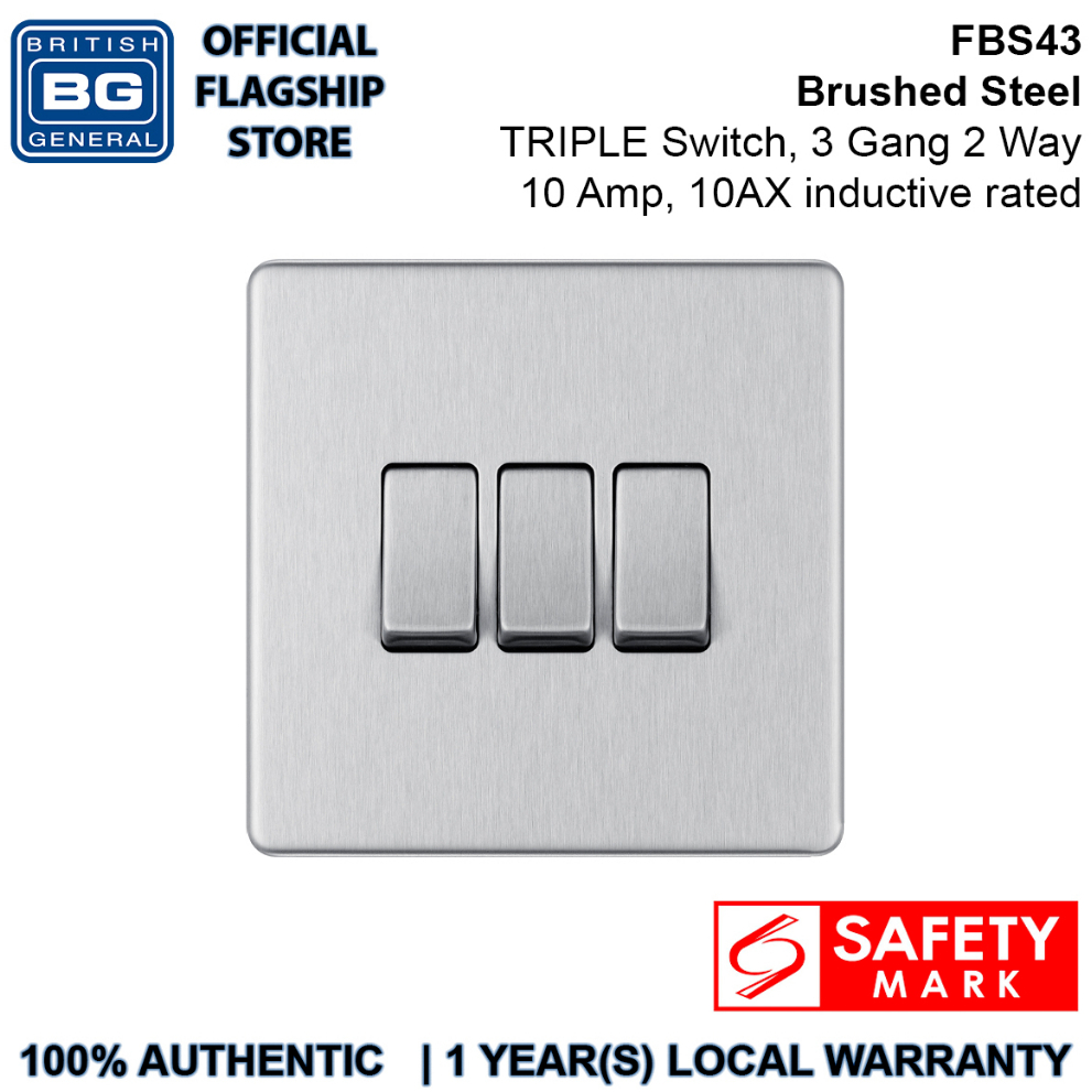 British General (FBS43) Flatplate Screwless, 10A 10AX Plate Switches, 3 ...