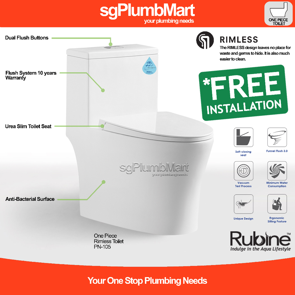 Rubine x sgPlumbMart Punta Nera-105 Rimless Funnel Flush 3.0 Toilet ...