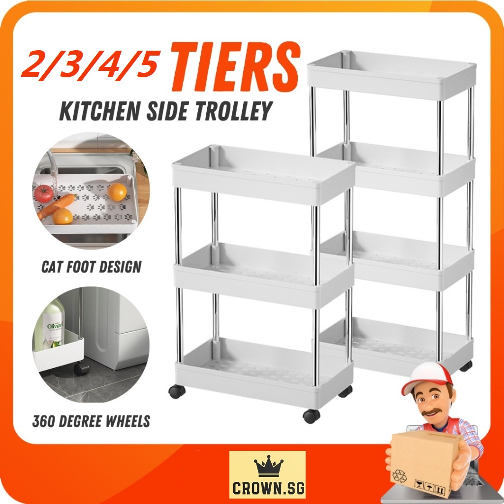 [💯SG STOCK] 2/3/4/5 Tier Trolley Storage Rack Wheels Wide Slim Bathroom ...