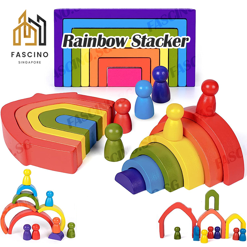 【SG】Puzzle Stacking Brick for Children Wooden Rainbow Building Stacking ...