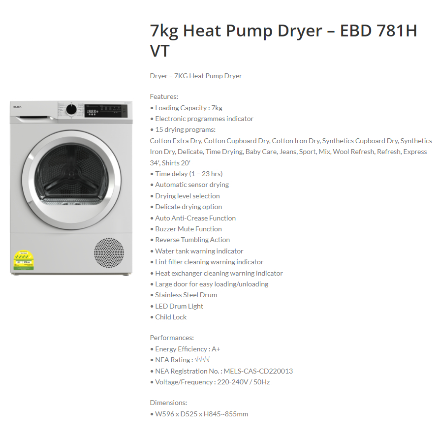 ELBA EBD 781H VT 7KG WHITE FRONT LOAD HEAT PUMP DRYER - 4 TICKS ...